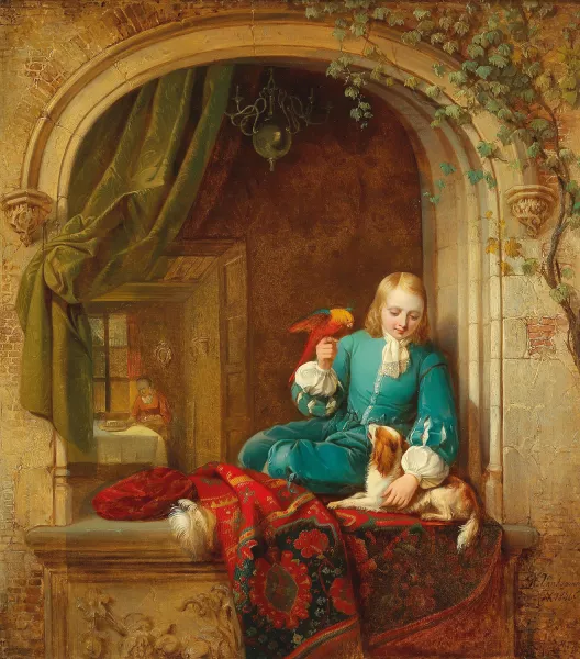 A Boy at the Window with Small Dog and Parrot by Alexis Van Hamme Oil ...
