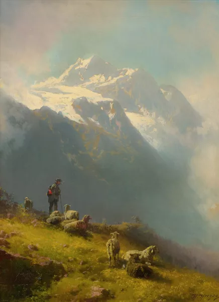 A Shepherd With His Flock by Hermann Ottomar Herzog Oil Painting ...