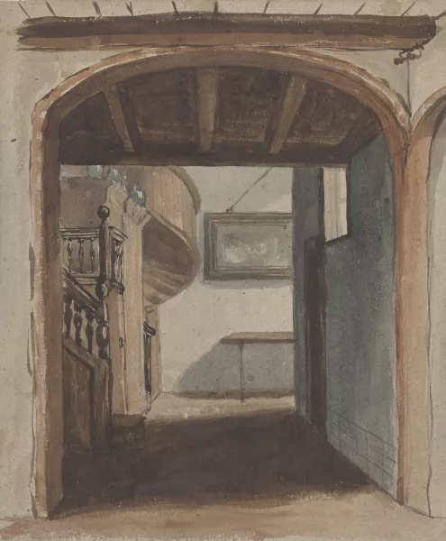 Interieur met doorkijk naar trap by Jan Fabius Czn Oil Painting ...