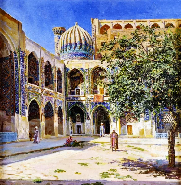 The Court Yard of the Sher-Dor Mosque in Samarkand by Lev Boure Oil ...