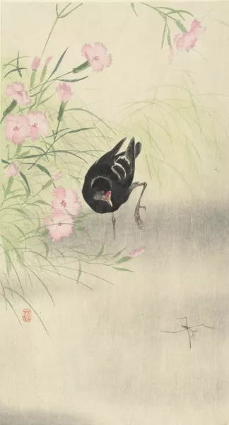 Moorhen at flowering plant by Ohara Koson Oil Painting Reproduction For ...
