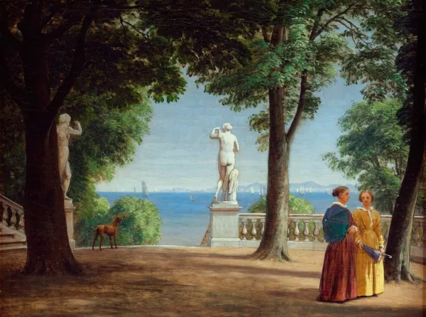 View towards Kullen from a garden terrace with statues by P. C ...