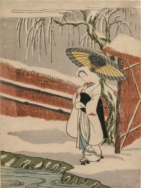 The Heron Maiden Standing Beneath a Willow Tree by Suzuki Harunobu Oil ...