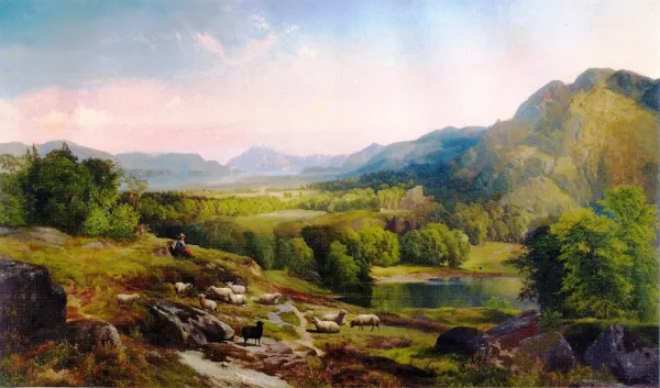 Shepherdess Watching Her Flock by Thomas Moran Oil Painting ...