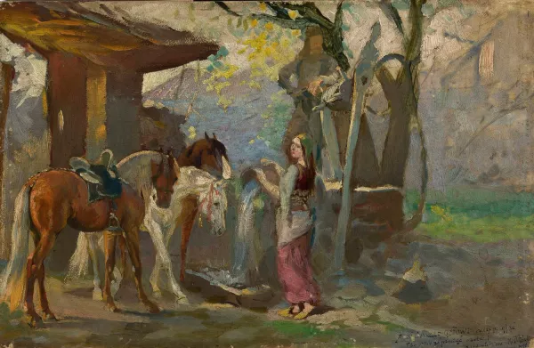 Horses at the waterhole, sketch by Waclaw Pawliszak Oil Painting ...